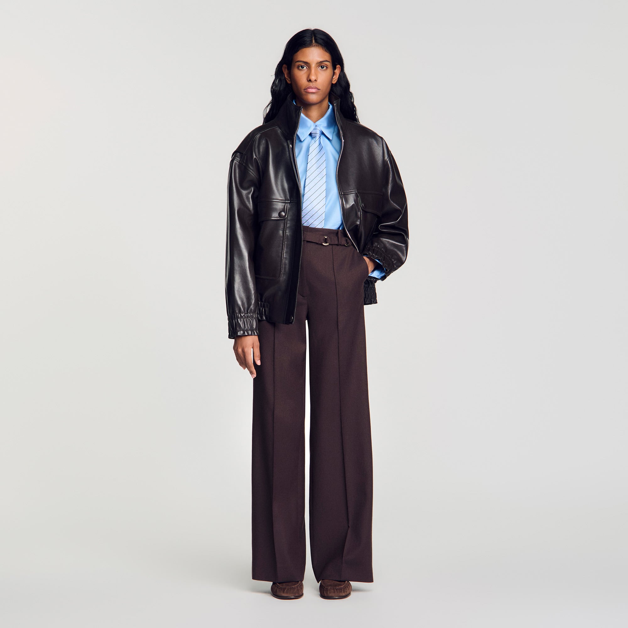 SANDRO Sandro Straight-Leg Wool Trousers with Branded Metal Ring Belt